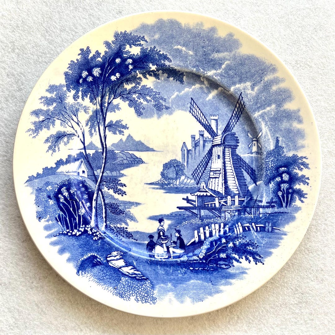 Antique Palissy Ware Plate - Windmill Transferware Design - Early 20th ...