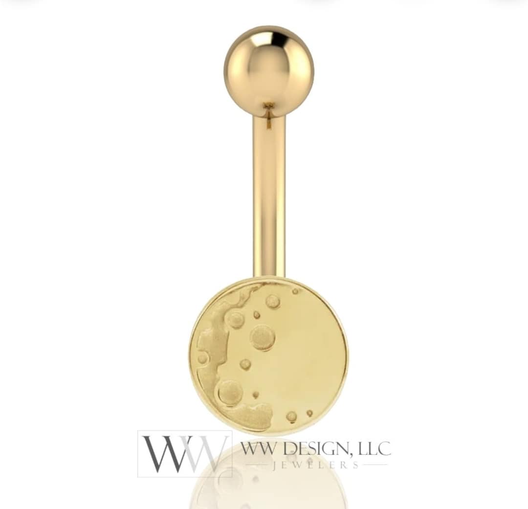 14k Gold Full Moon Disk Belly Navel Ring CURVED Barbell Genuine 14k ...