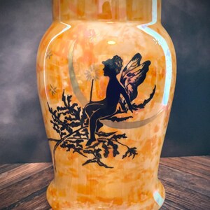 Antique Vase With Fairy on Crescent Moon, Hand Painted Orange and Black ...