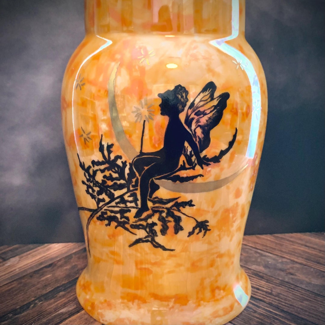 Antique Vase With Fairy on Crescent Moon, Hand Painted Orange and Black ...