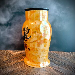 Antique Vase With Fairy on Crescent Moon, Hand Painted Orange and Black ...