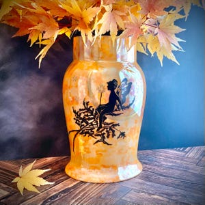 Antique Vase With Fairy on Crescent Moon, Hand Painted Orange and Black ...