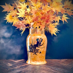 Antique Vase With Fairy on Crescent Moon, Hand Painted Orange and Black ...