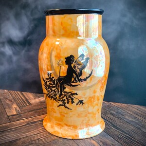 Antique Vase With Fairy on Crescent Moon, Hand Painted Orange and Black ...