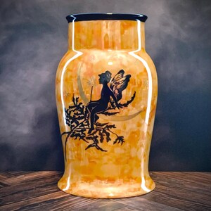 Antique Vase With Fairy on Crescent Moon, Hand Painted Orange and Black ...