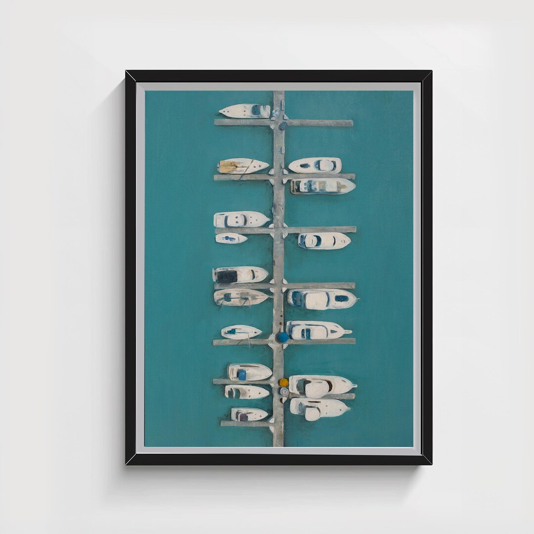 Marina Boat Art Print Aerial View, Modern Dock Boats Painting, Coastal ...