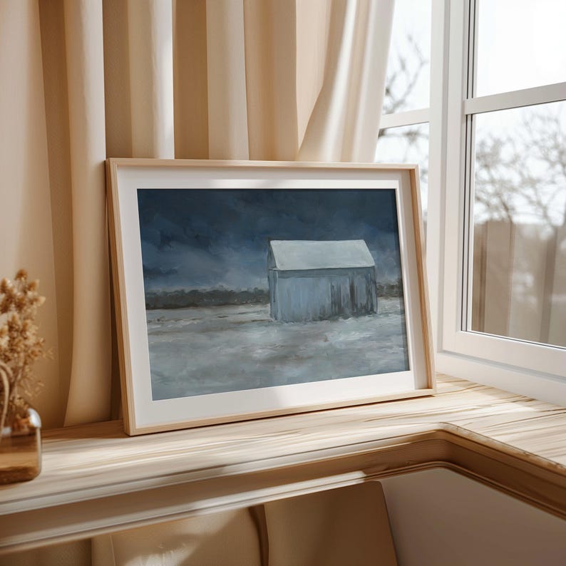 Winter Barn Print - Rustic Farmhouse Landscape, Blue Winter Wall Art ...