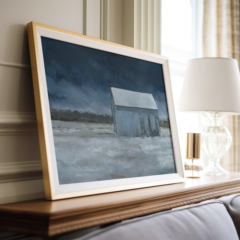 Winter Barn Print - Rustic Farmhouse Landscape, Blue Winter Wall Art ...