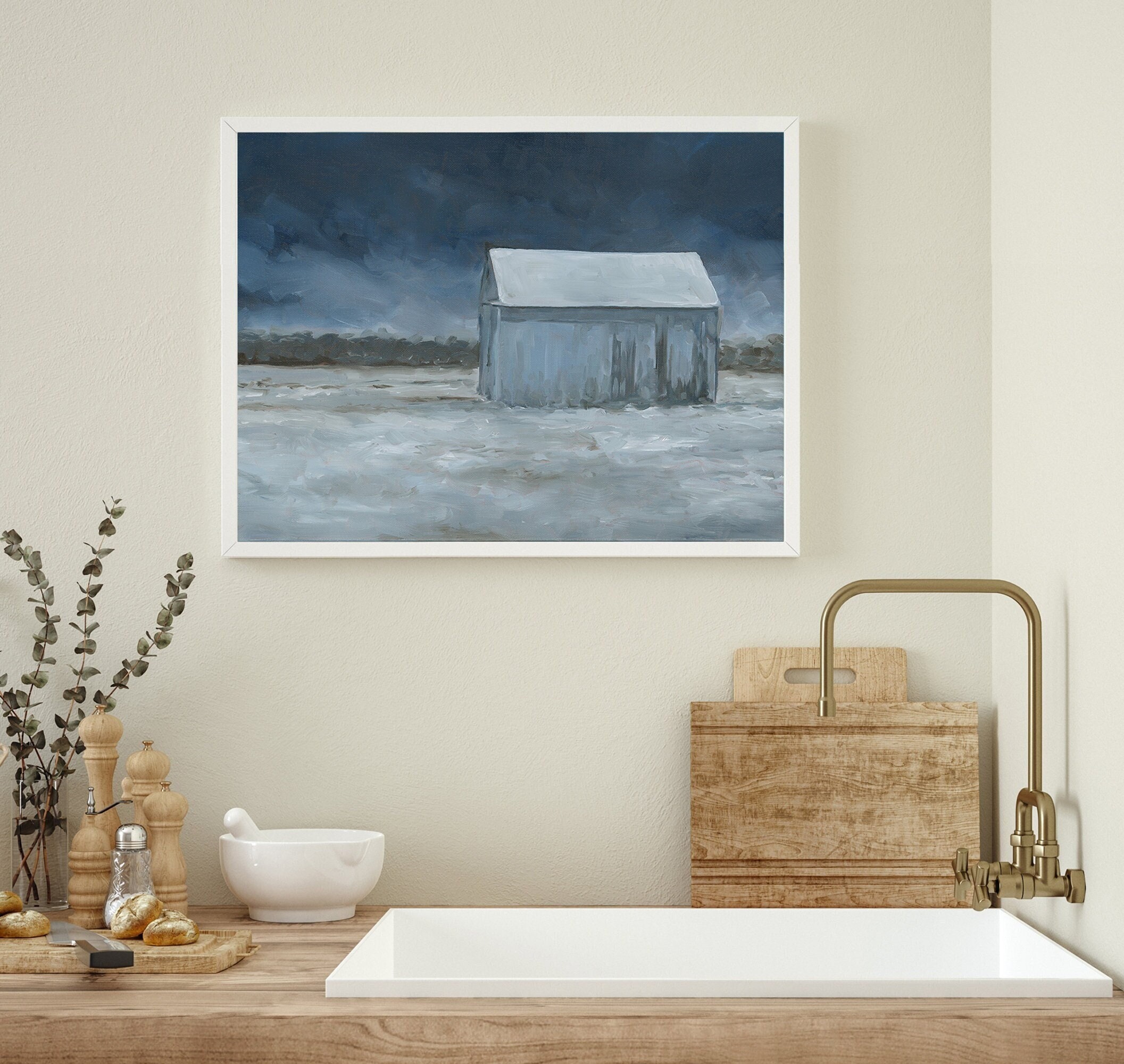 Winter Barn Print - Rustic Farmhouse Landscape, Blue Winter Wall Art ...
