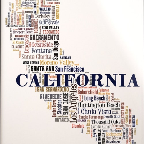 California Typography Map Art Unframed Print Custom State - Etsy