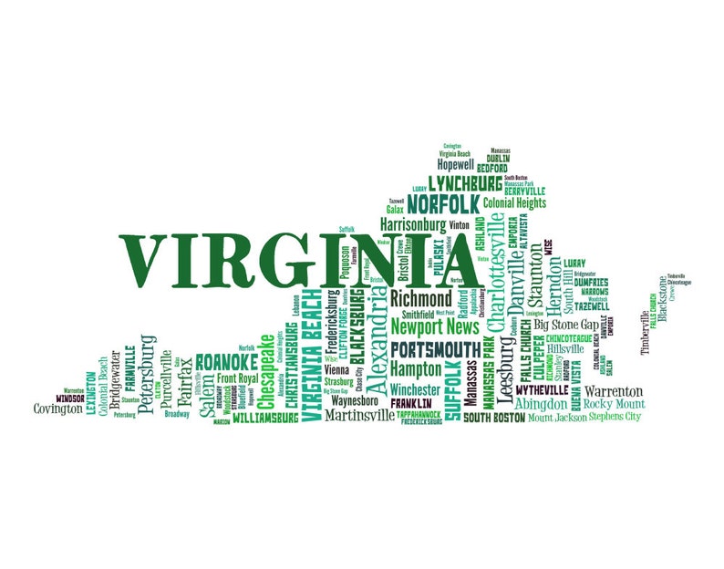Virginia State Map Typography Art Print, City Names Word Cloud - Etsy