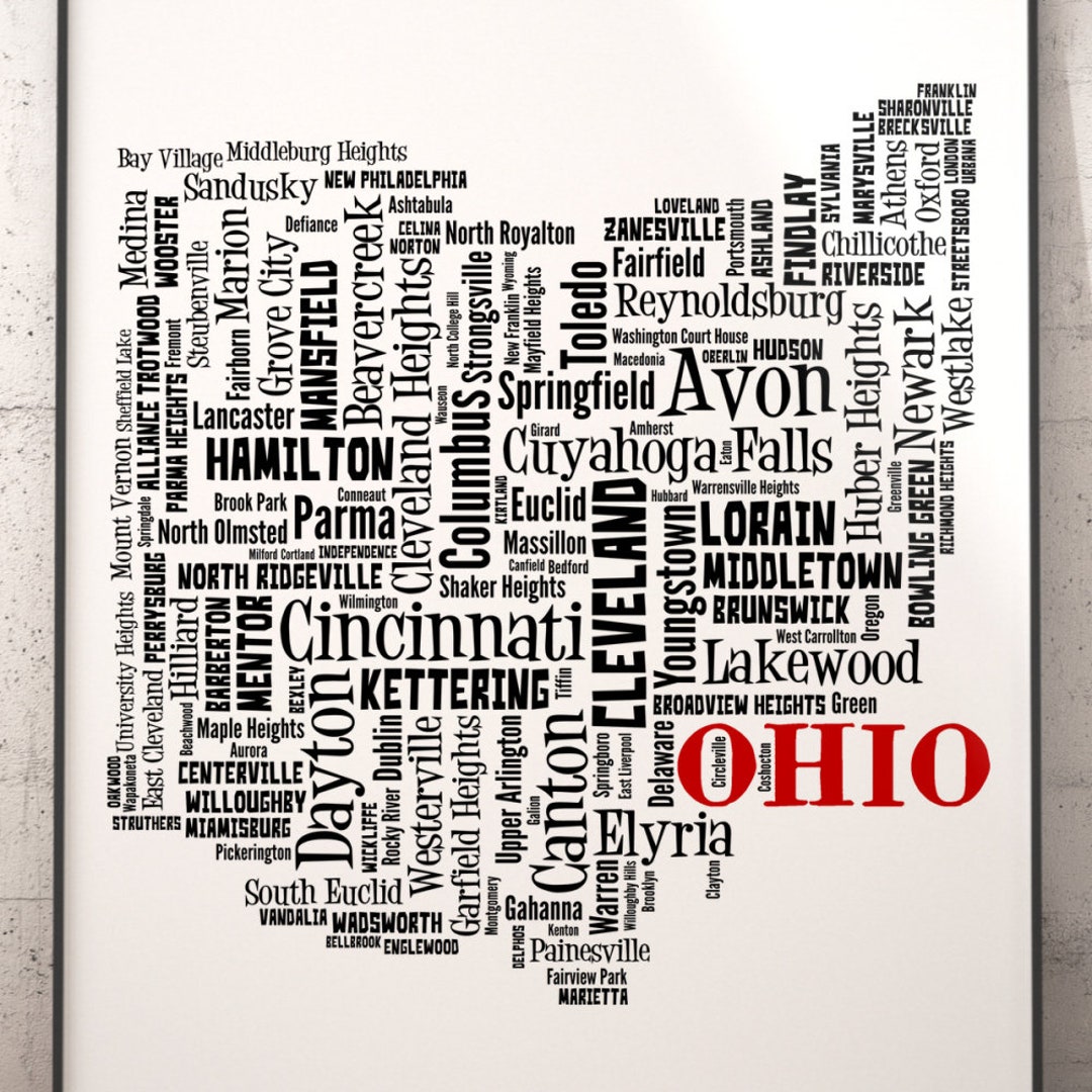 Ohio Map Art, Ohio Art Print, Ohio State Map, Ohio Typography Art, Ohio ...