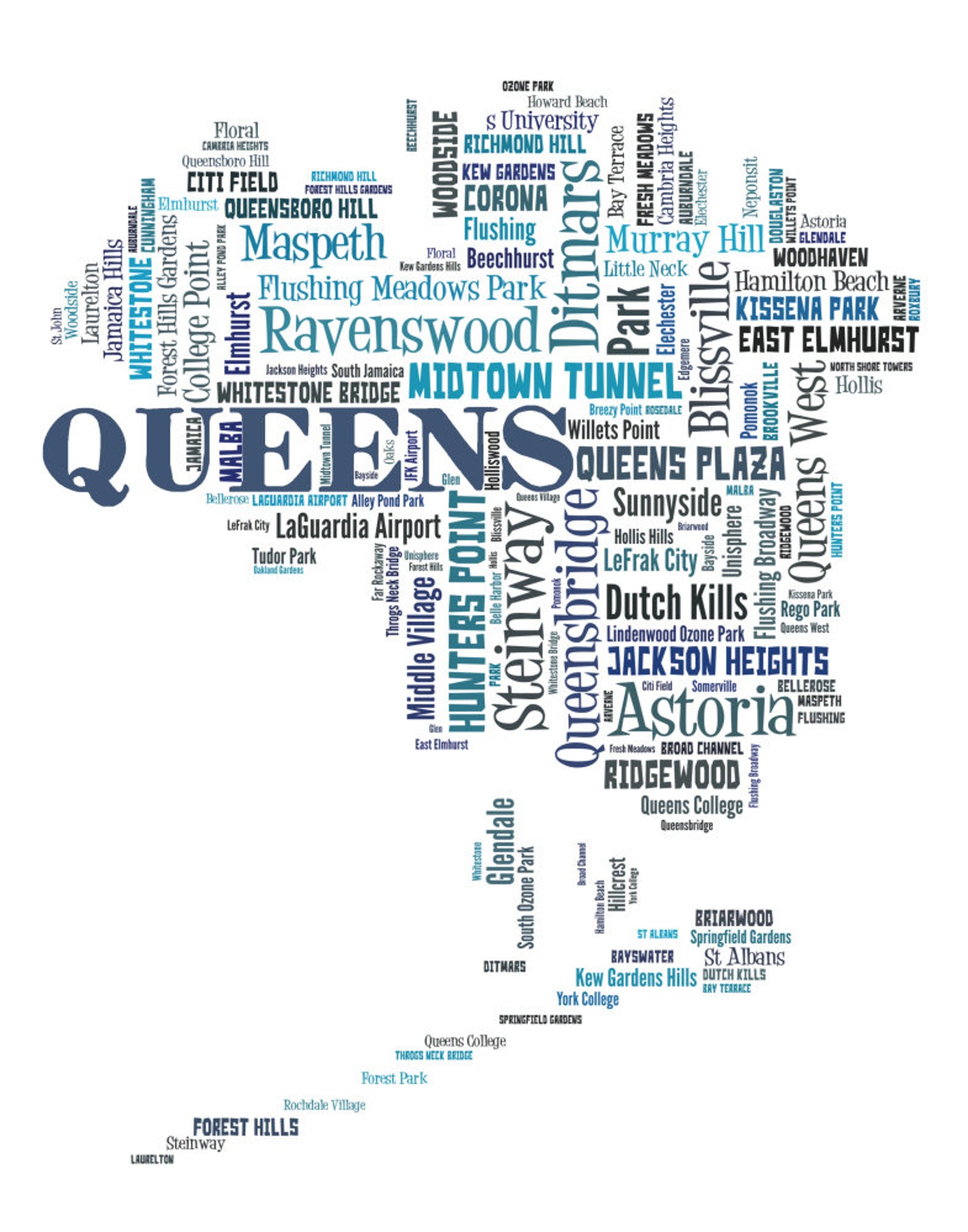 Queens Map Art Queens Art Print Queens Neighborhood Map | Etsy