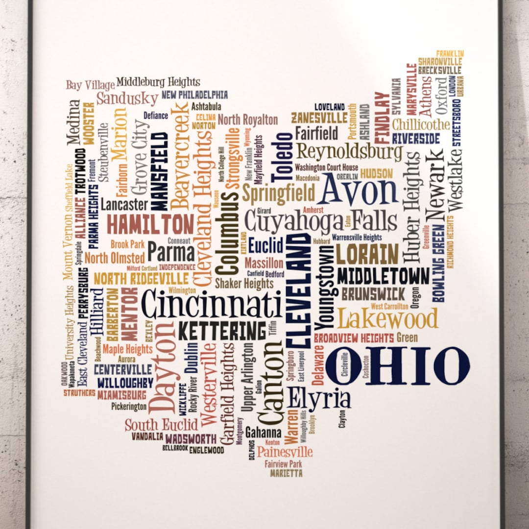 Ohio Map Art, Ohio Art Print, Ohio State Map, Ohio Typography Art, Ohio ...