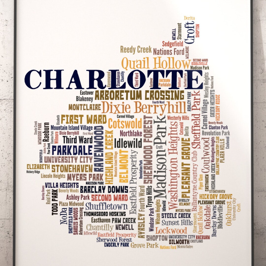 Charlotte Map Art, Charlotte Art Print, Charlotte Neighborhood Art ...