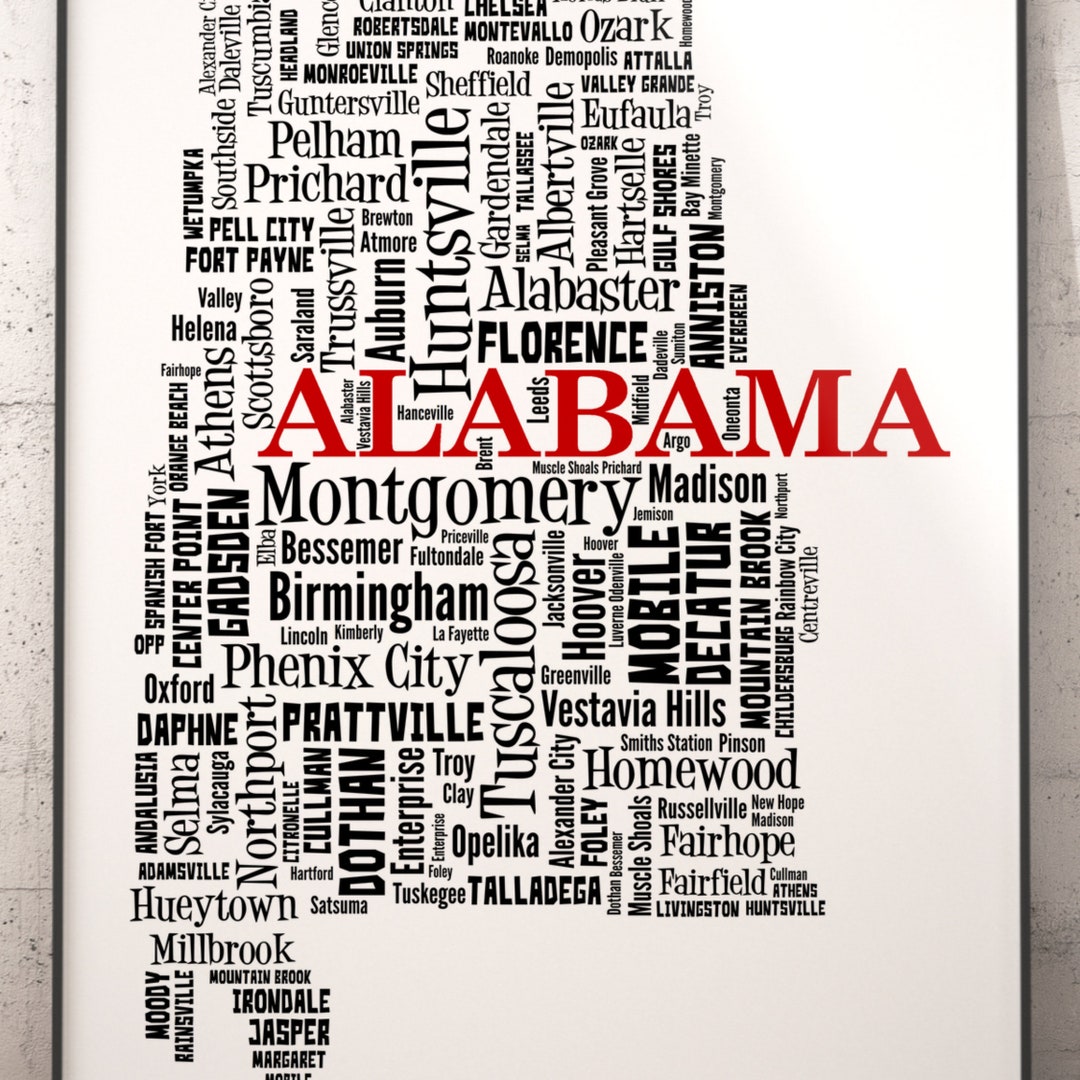 Alabama Map Art, Alabama Art Print, Alabama State Map, Alabama ...