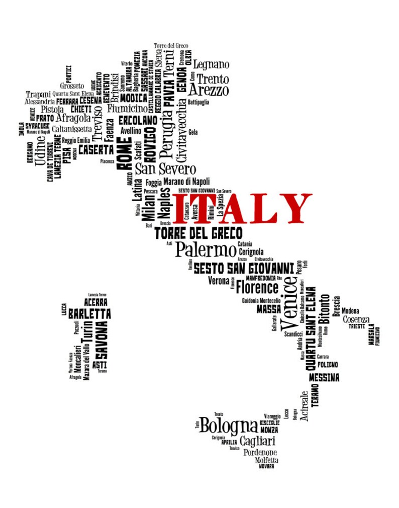 Italy Map Art Print, Typography Word Cloud - Etsy
