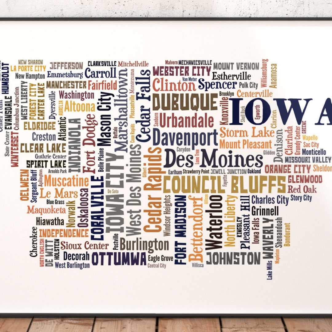 Iowa Map Art, Iowa Art Print, Iowa State Map, Iowa Typography Art, Iowa ...