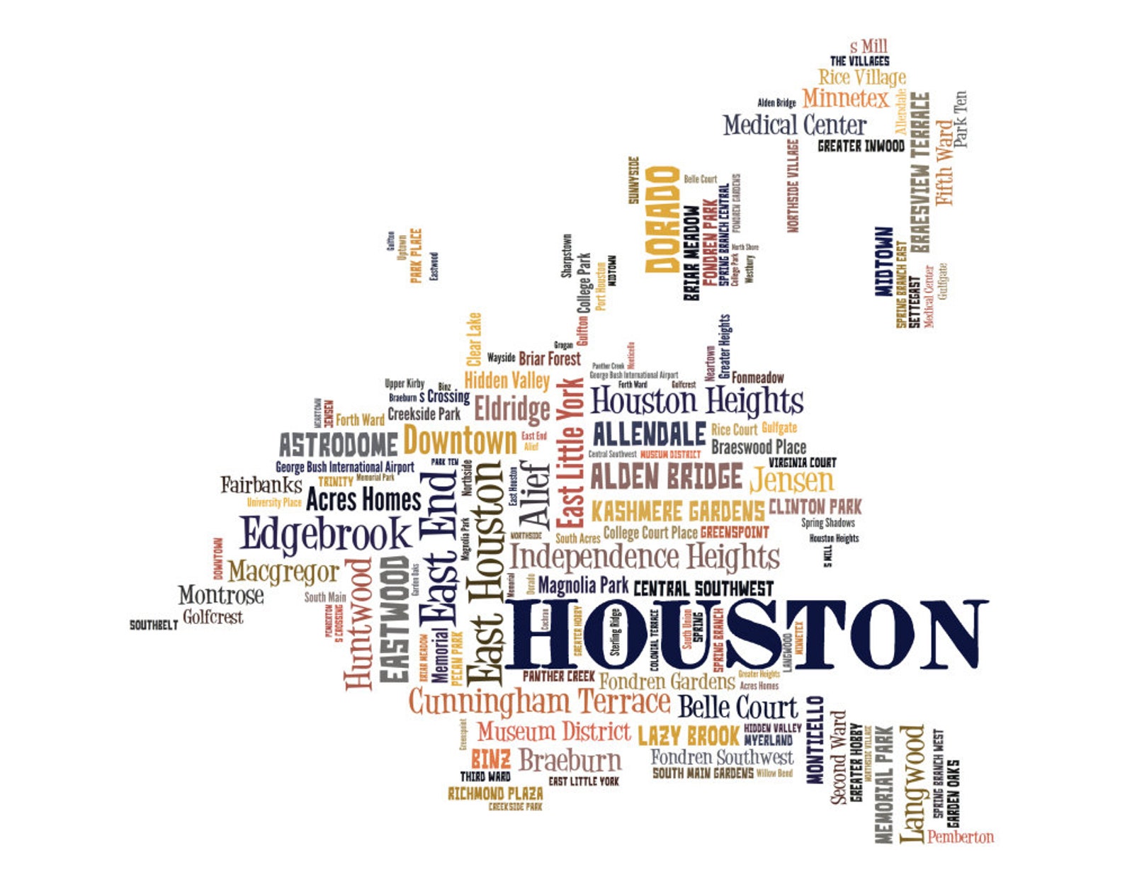 Houston Map Art, Houston Art Print, Houston Neighborhood Art Print ...