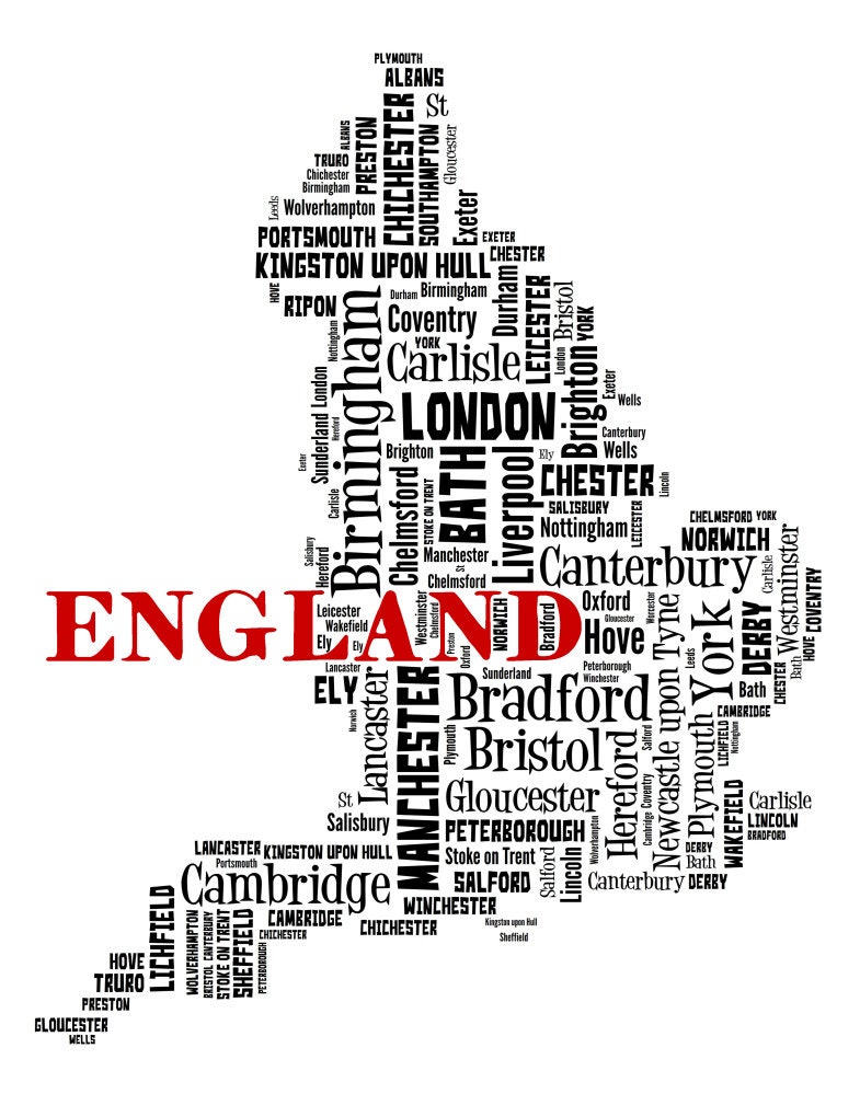 England Map Art Print, City Typography, Country Word Cloud - Etsy