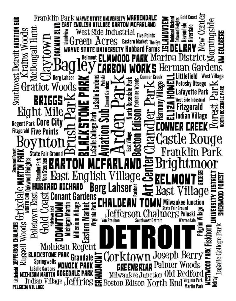 Detroit Neighborhoods Map Art Print, Typography Wall Decor - Etsy
