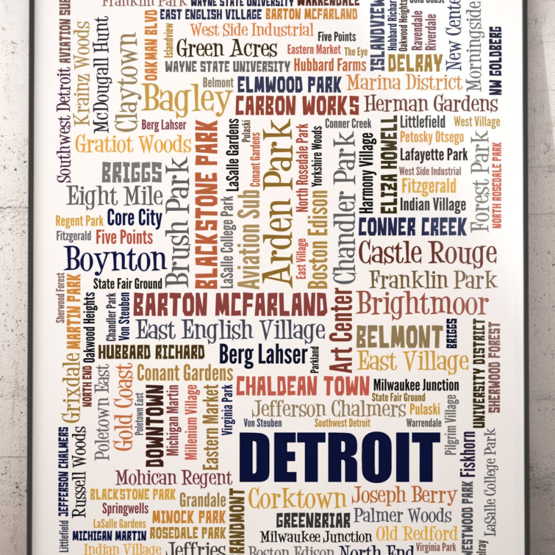 Detroit Neighborhoods Art Print, Detroit Typography Decor, Detroit Art ...