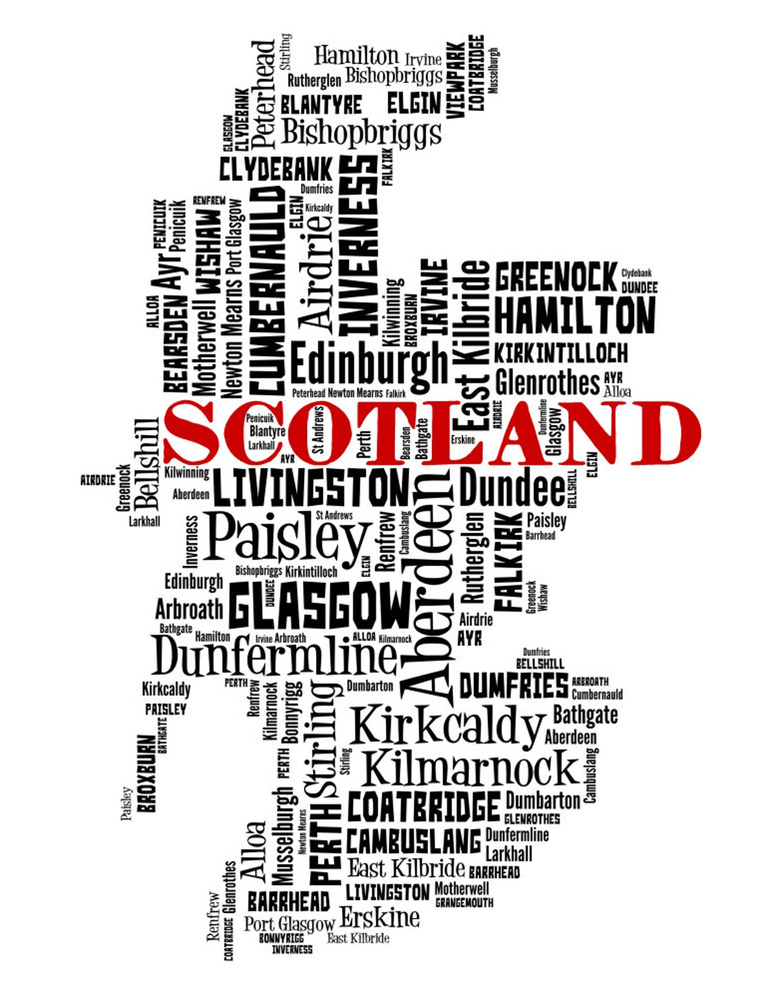 Scotland Typography Map Art Print, City Names Word Cloud - Etsy