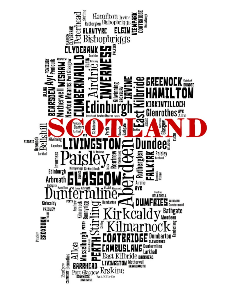 Scotland Typography Map Art Print, City Names Word Cloud - Etsy