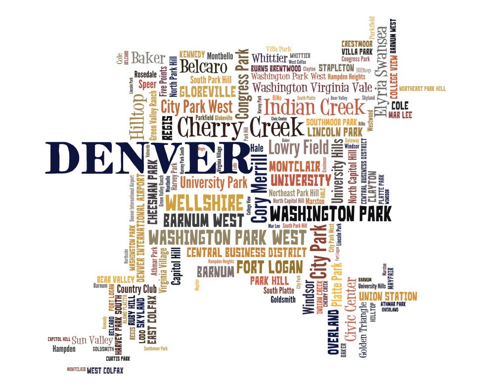 Denver Neighborhood Map Art Print, Typography Word Cloud - Etsy