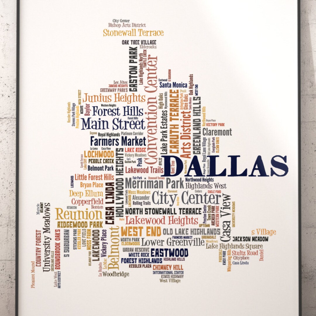 Dallas Map Art, Dallas Art Print, Dallas Neighborhood Art Print, Dallas ...