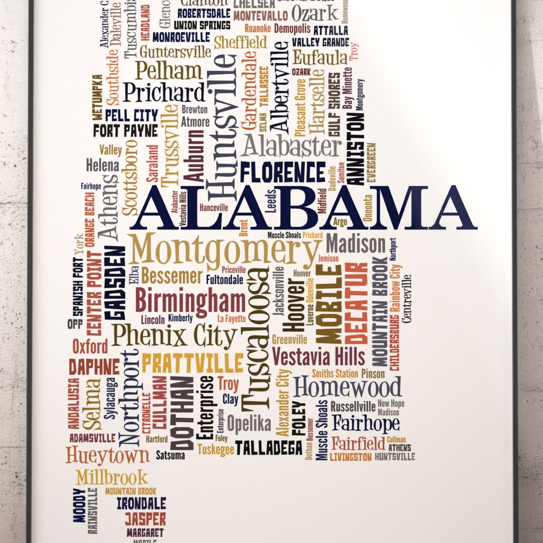 Alabama Map Art, Alabama Art Print, Alabama State Map, Alabama ...