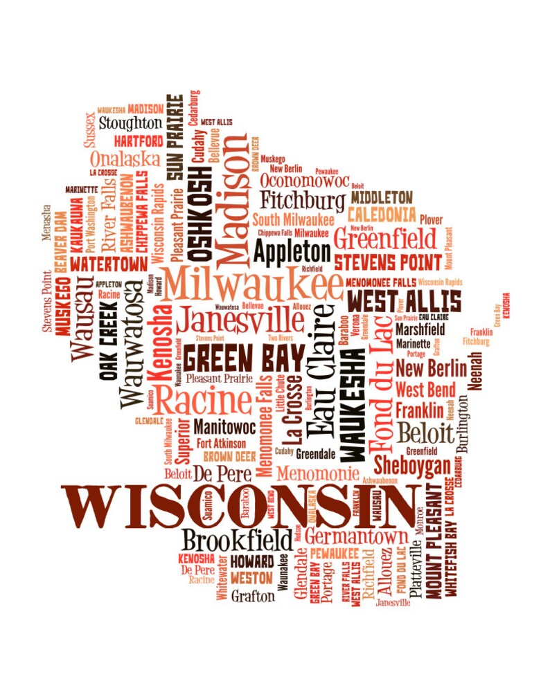 Wisconsin Map Art, Wisconsin Art Print, Wisconsin State Map, Wisconsin ...