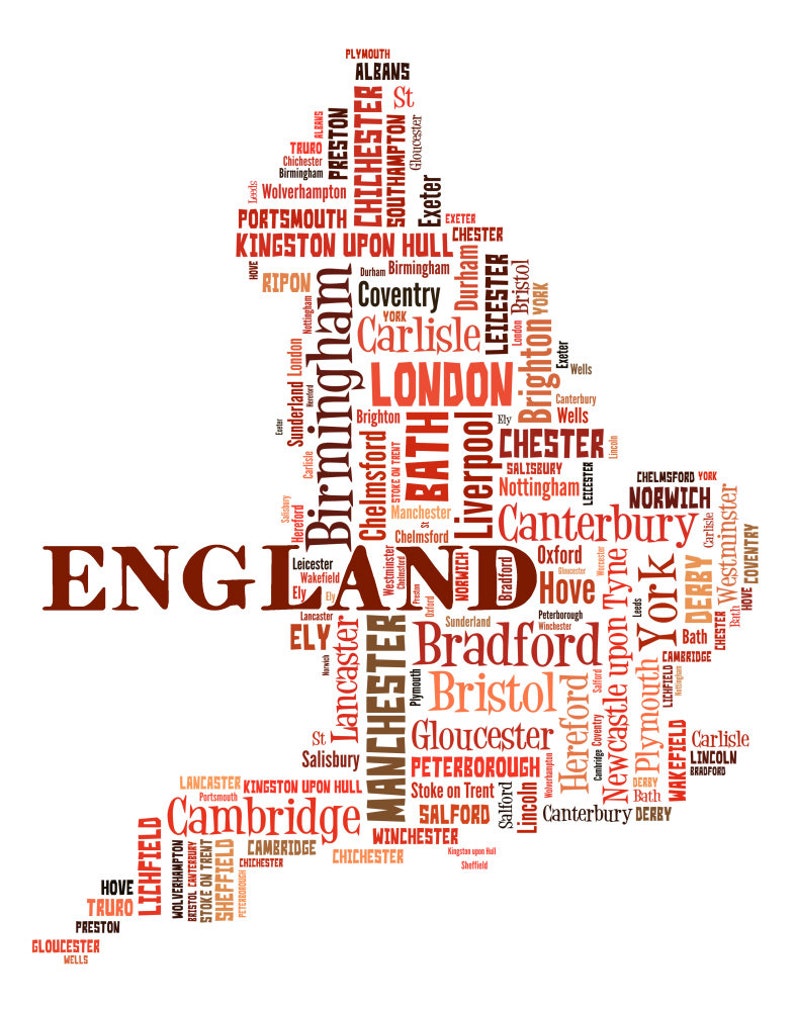 England Map Art Print, City Typography, Country Word Cloud - Etsy