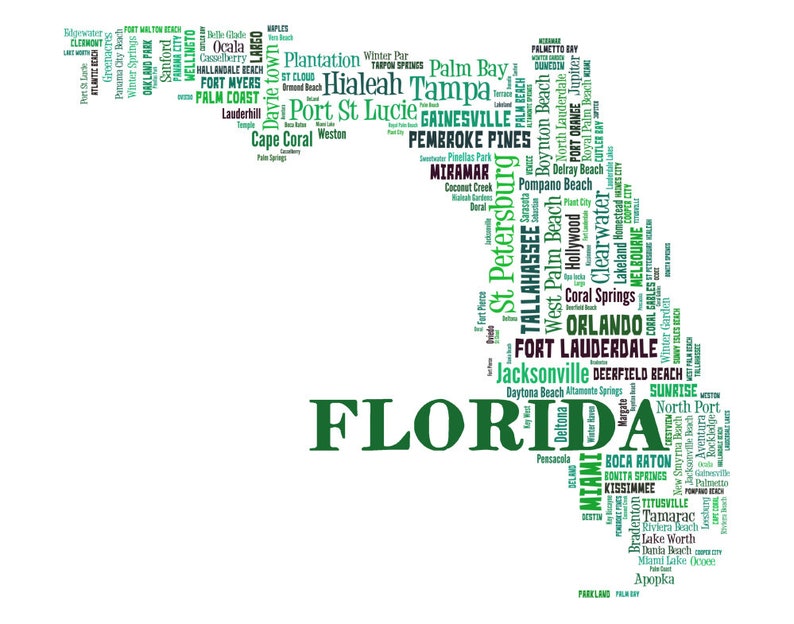 Florida Typography Map Art Print, State Word Cloud - Etsy