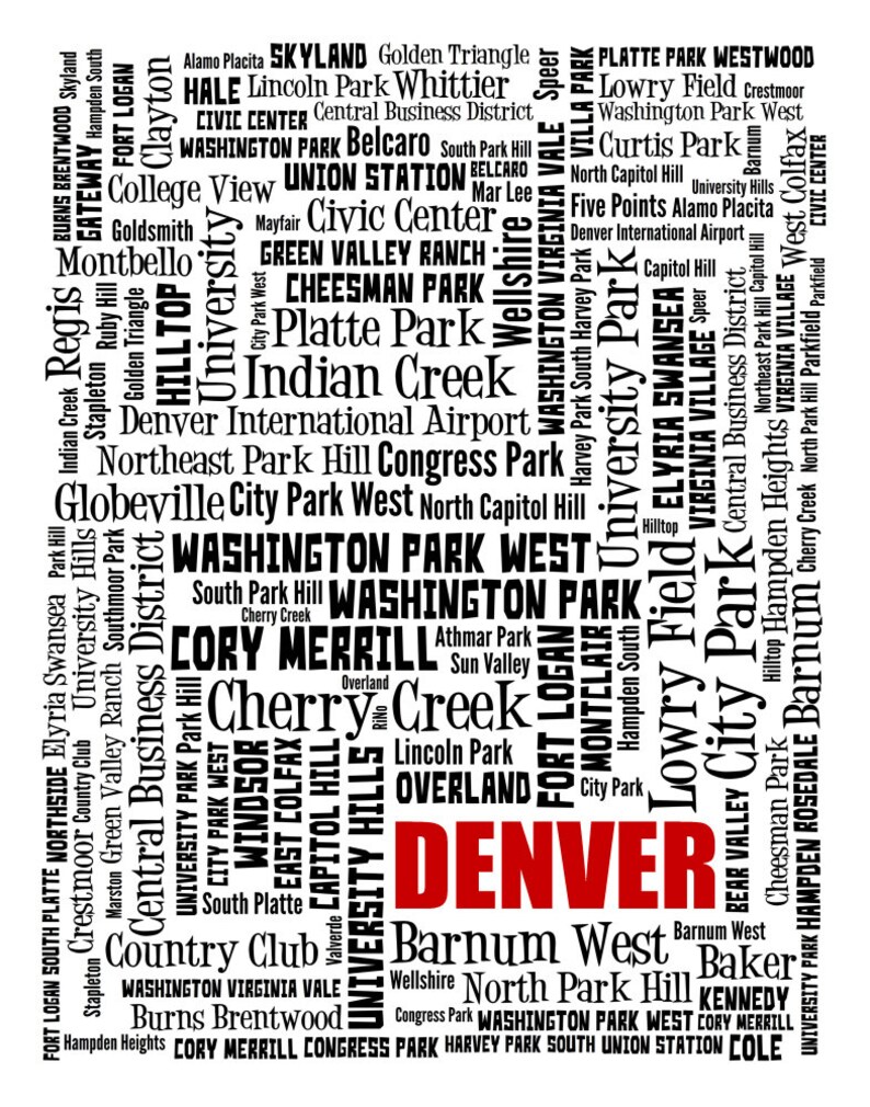 Denver Neighborhoods Art Print Denver Typography Decor - Etsy