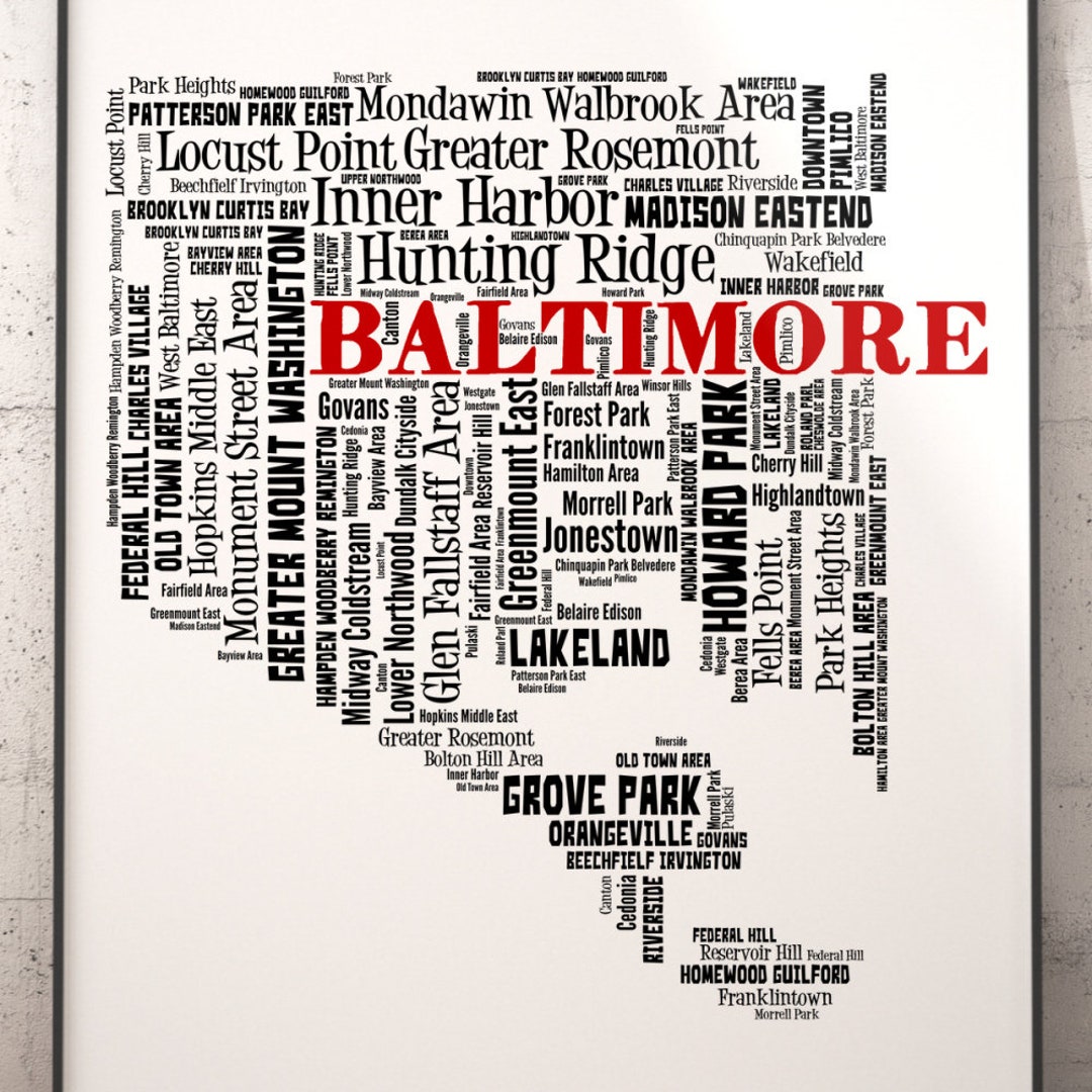 Baltimore Map Art, Baltimore Art Print, Baltimore Neighborhood Art ...