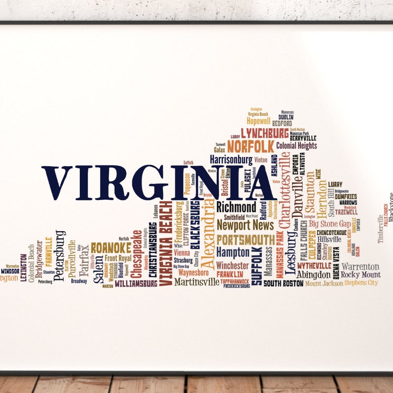 Virginia State Map Typography Art Print, City Names Word Cloud - Etsy