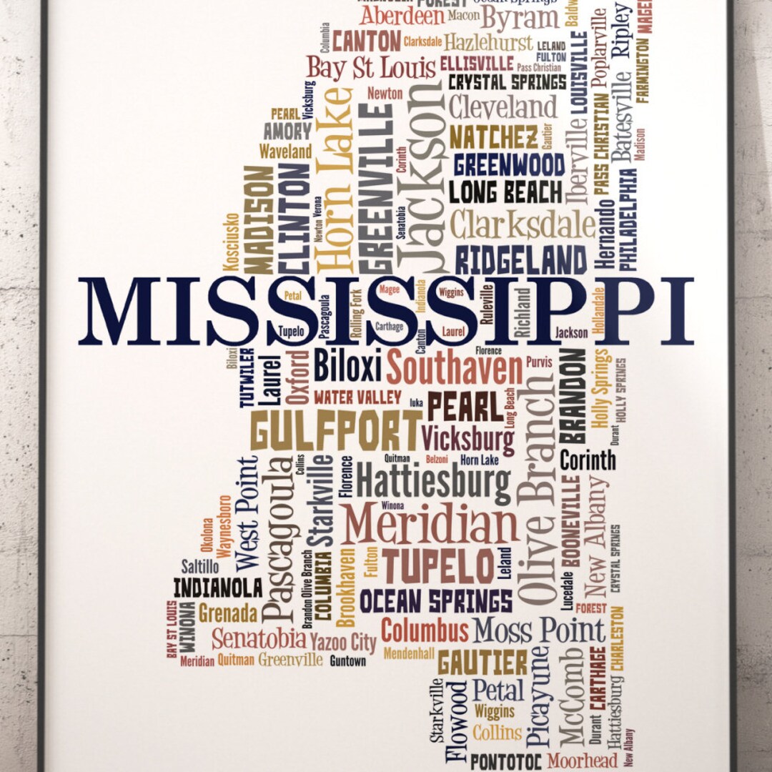 Mississippi Map Art, Mississippi Art Print, Mississippi Typography Art ...