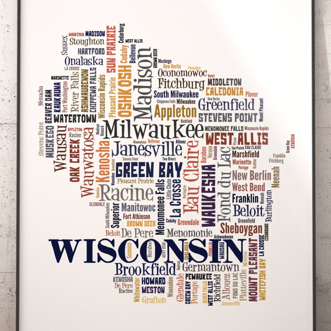 Wisconsin Map Art, Wisconsin Art Print, Wisconsin State Map, Wisconsin ...