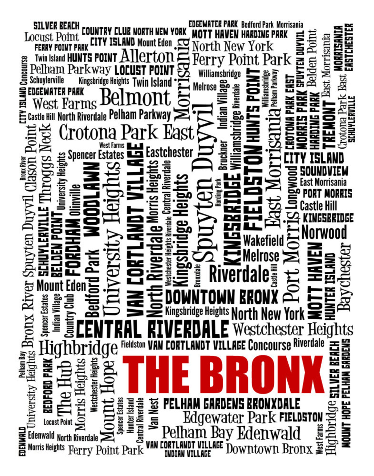 Bronx Neighborhoods Typography Map Art Print - Etsy