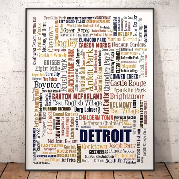 Detroit Neighborhoods Art Print Detroit Typography Decor | Etsy