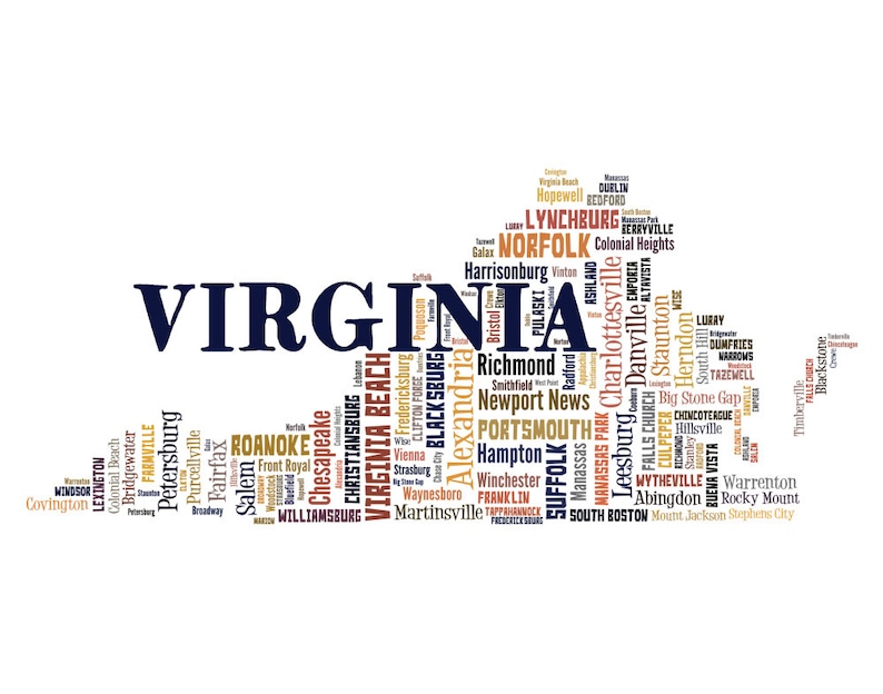 Virginia State Map Typography Art Print, City Names Word Cloud - Etsy