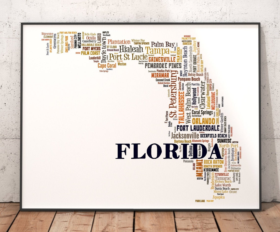 Florida Map Art Florida Art Print Florida State Map Florida - Etsy