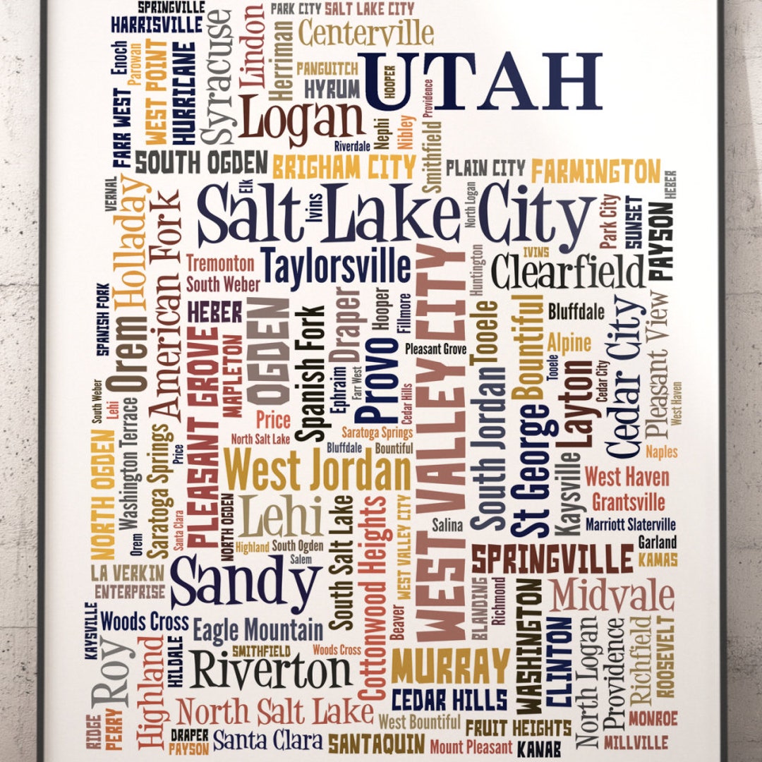 Utah Map Art, Utah Art Print, Utah State Map, Utah Typography Art, Utah ...