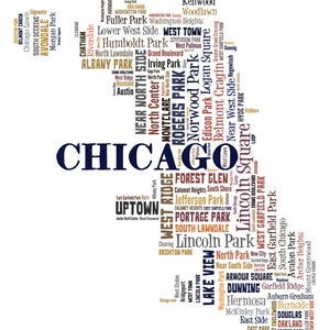 Chicago Map Art, Chicago Art Print, Chicago Neighborhood Art Print ...
