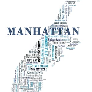 Manhattan Map Art, Manhattan Art Print, Manhattan Neighborhood Art ...