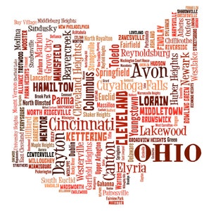 Ohio Typography Map Art Print, City Names Word Cloud - Etsy