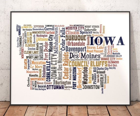 Iowa Map Art Iowa Art Print Iowa State Map Iowa Typography | Etsy
