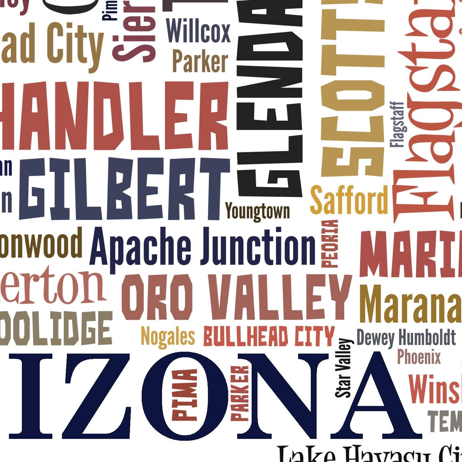 Arizona Typography Map Art Print, State City Names - Etsy