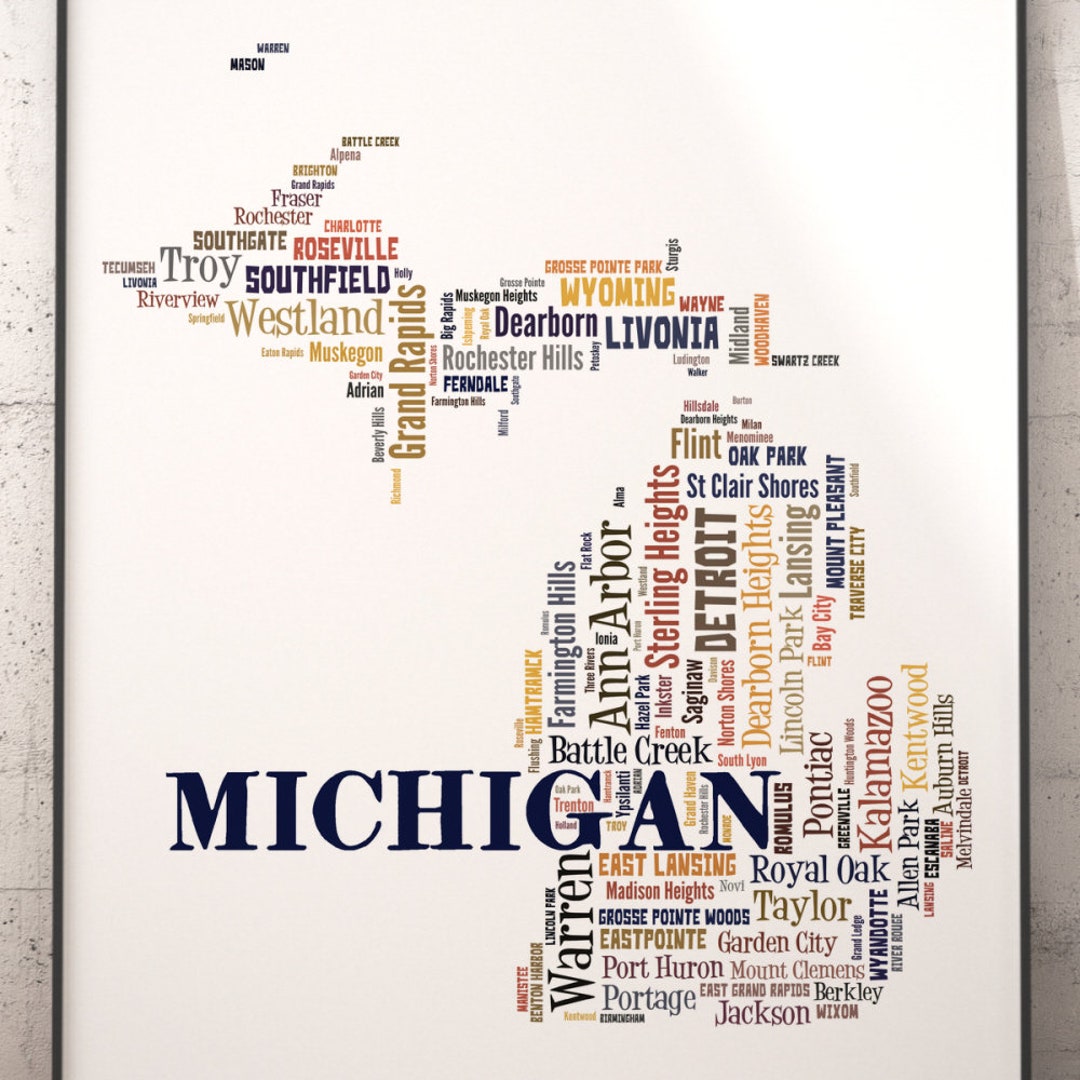 Michigan Map Art, Michigan Art Print, Michigan State Map, Michigan ...